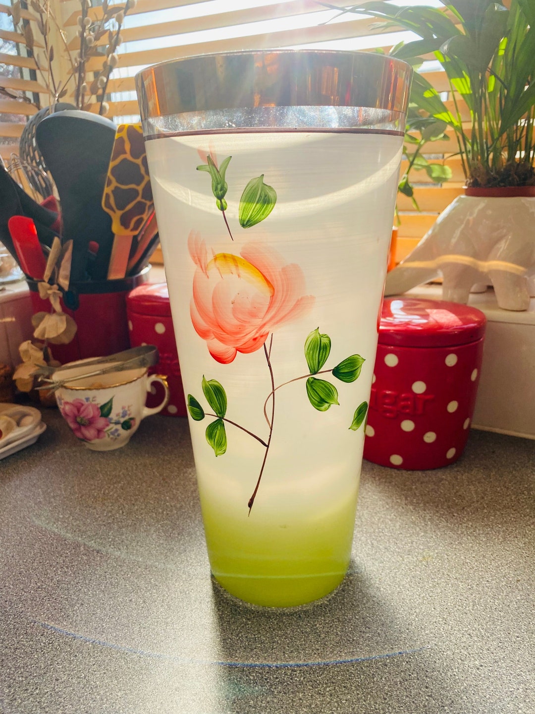 1950s Frosted Glass Flower Vase With Roses and Gold Rim - Etsy