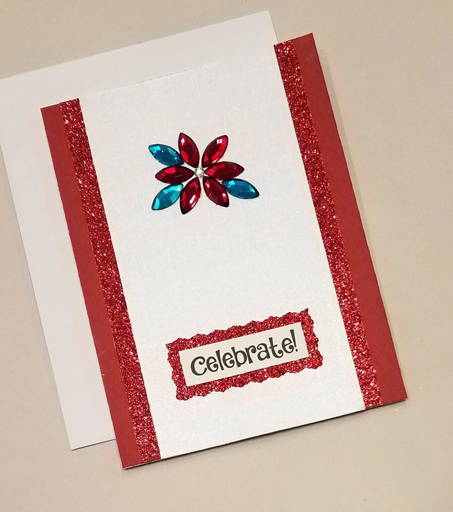 Handmade Sparkly Card / Jewels / Red Glitter / Celebrate / Note Card ...