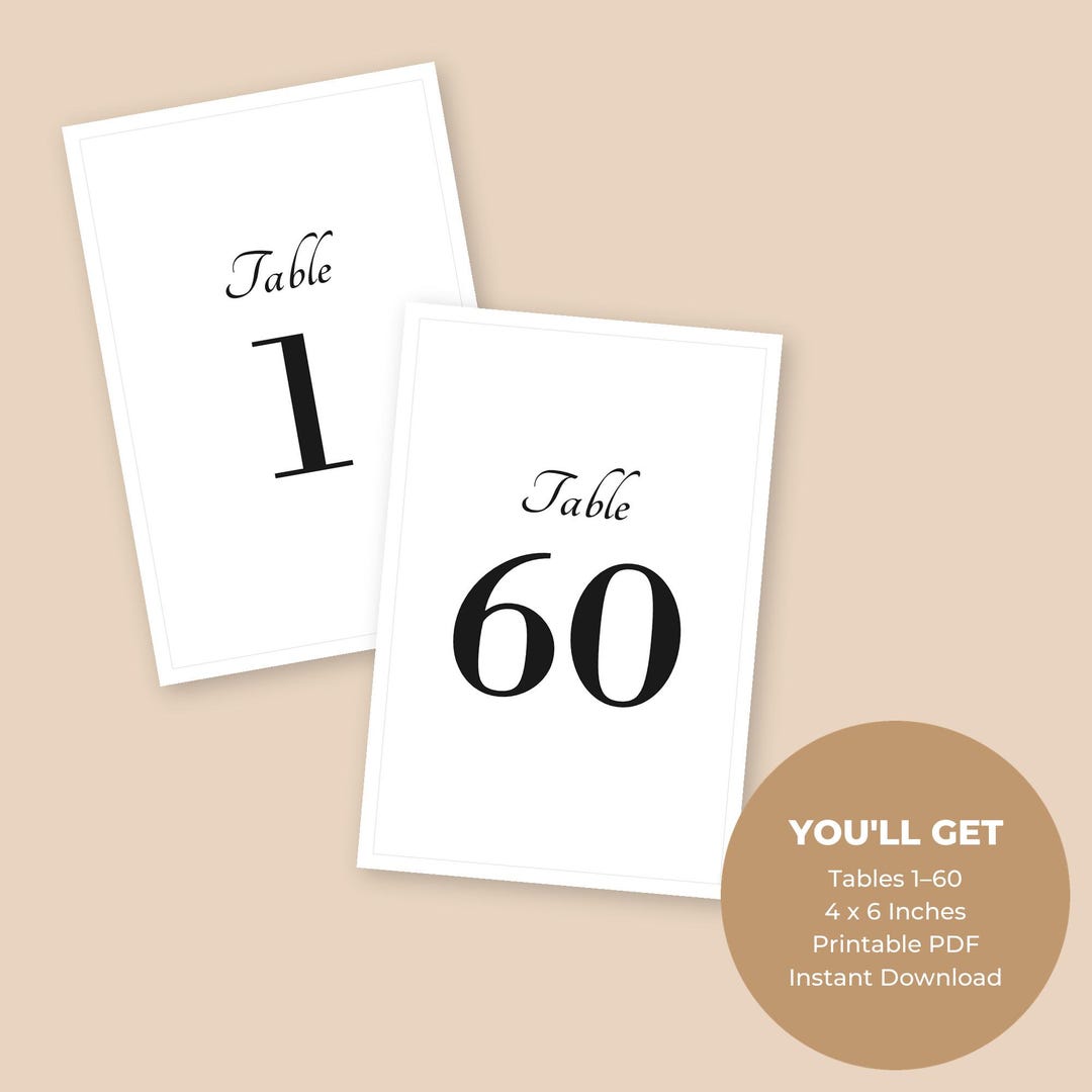 Ornate Calligraphy and Bodoni Table Number Printable Set of 1-60 ...