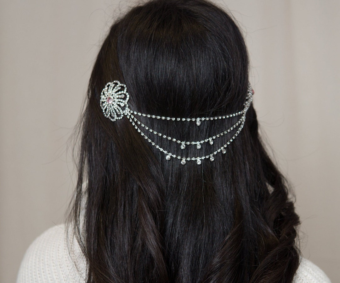 Bridal Head Chain Boho Head Chain Silver Crystal Bohemian Head Chain ...