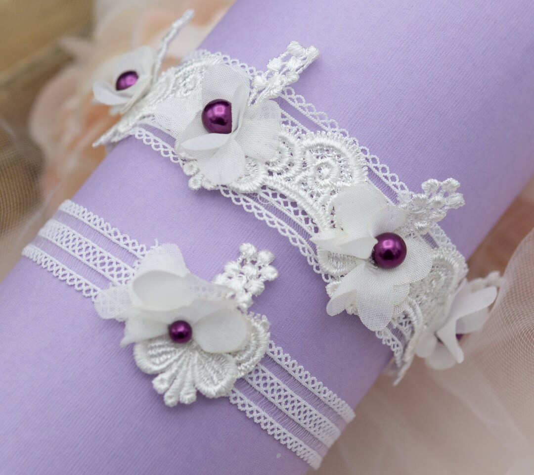 Dark Purple Garter for Bride Floral Lace Garter Belt Victorian Bridal ...