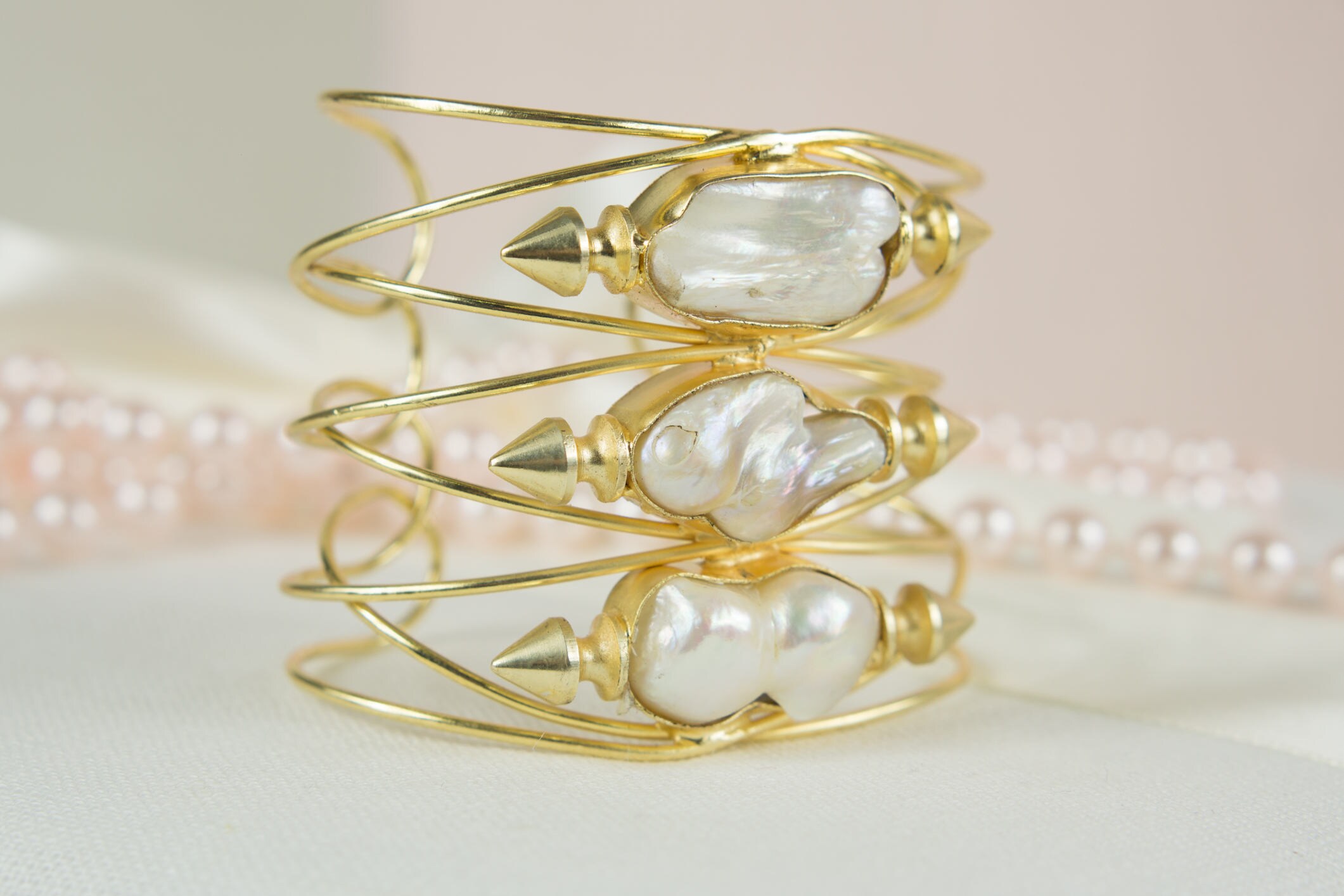 Natural Pearl Gold Bridal Cuff Wedding Bangle Bridal Bracelet | Etsy