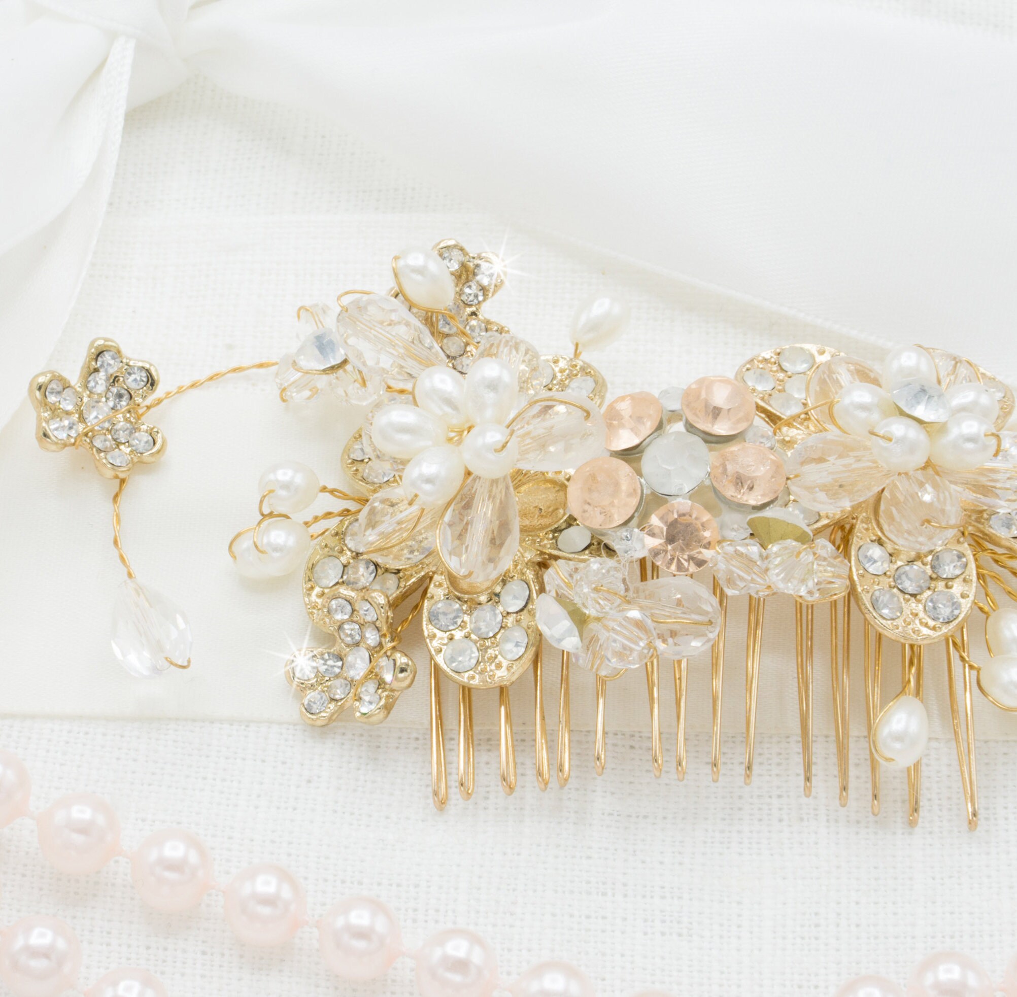 Gold Bridal Comb Floral Bridal Comb Pearl Bridal Comb Bridal - Etsy