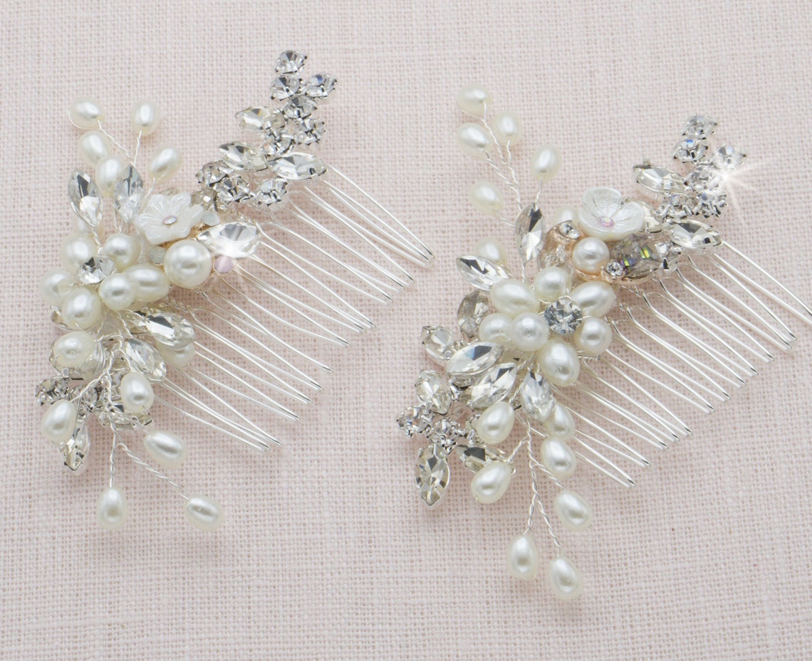 Small Pearl Rhinestone Pink Iridescent Bridal Hair Comb Floral - Etsy