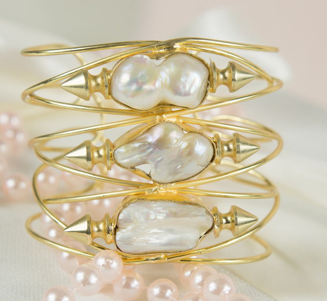 Natural Pearl Gold Bridal Cuff Wedding Bangle Bridal Bracelet Boho ...
