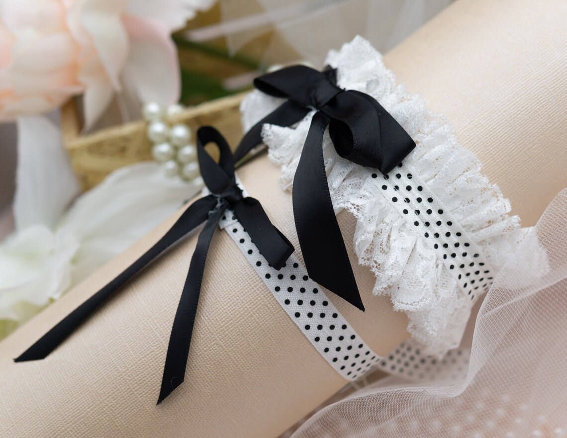 Wedding garter black leg garter belt polka dot veil paris | Etsy