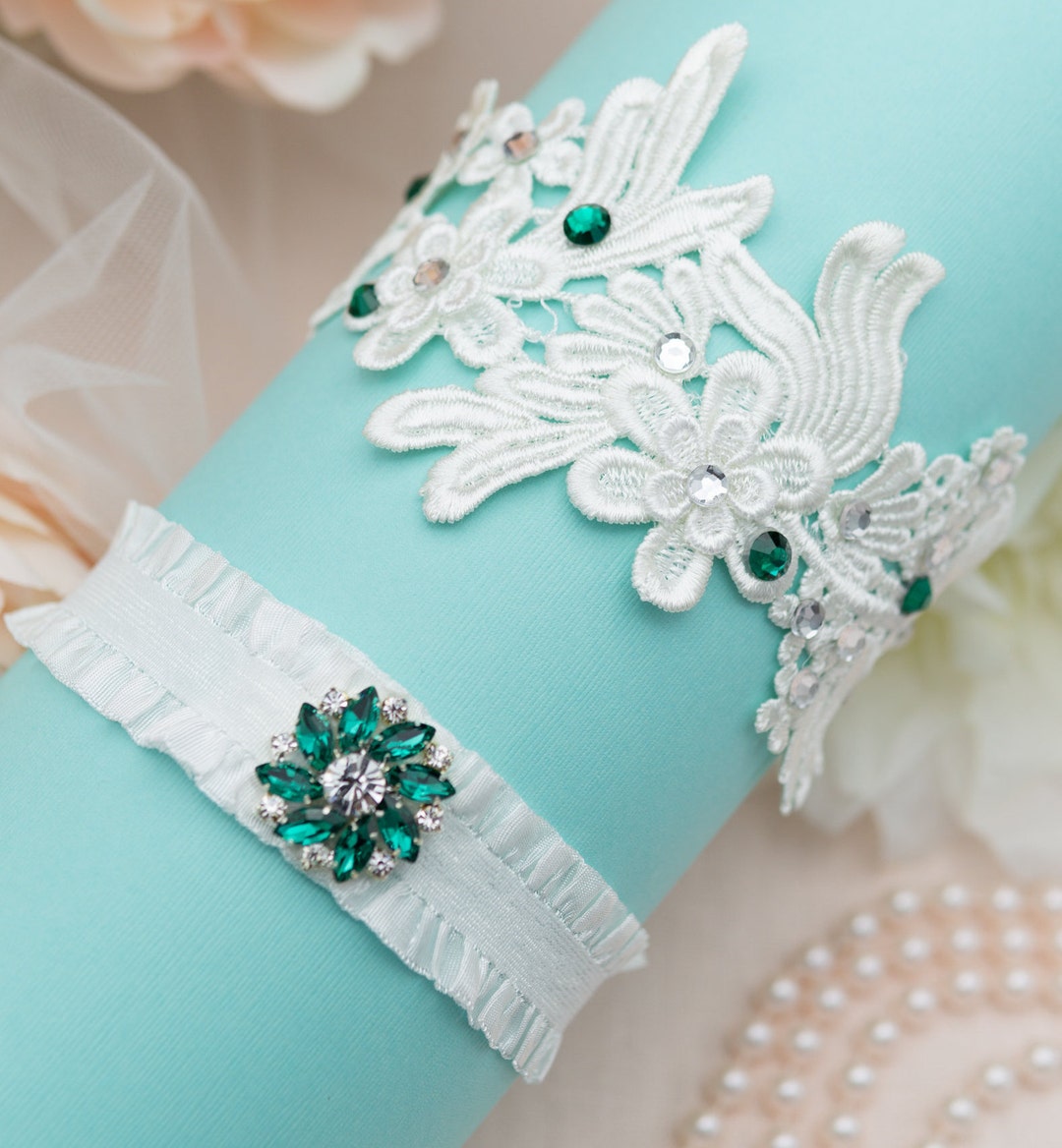 Emerald Green Garter Bridal Garter Set Wedding Garter Green Garter Belt ...
