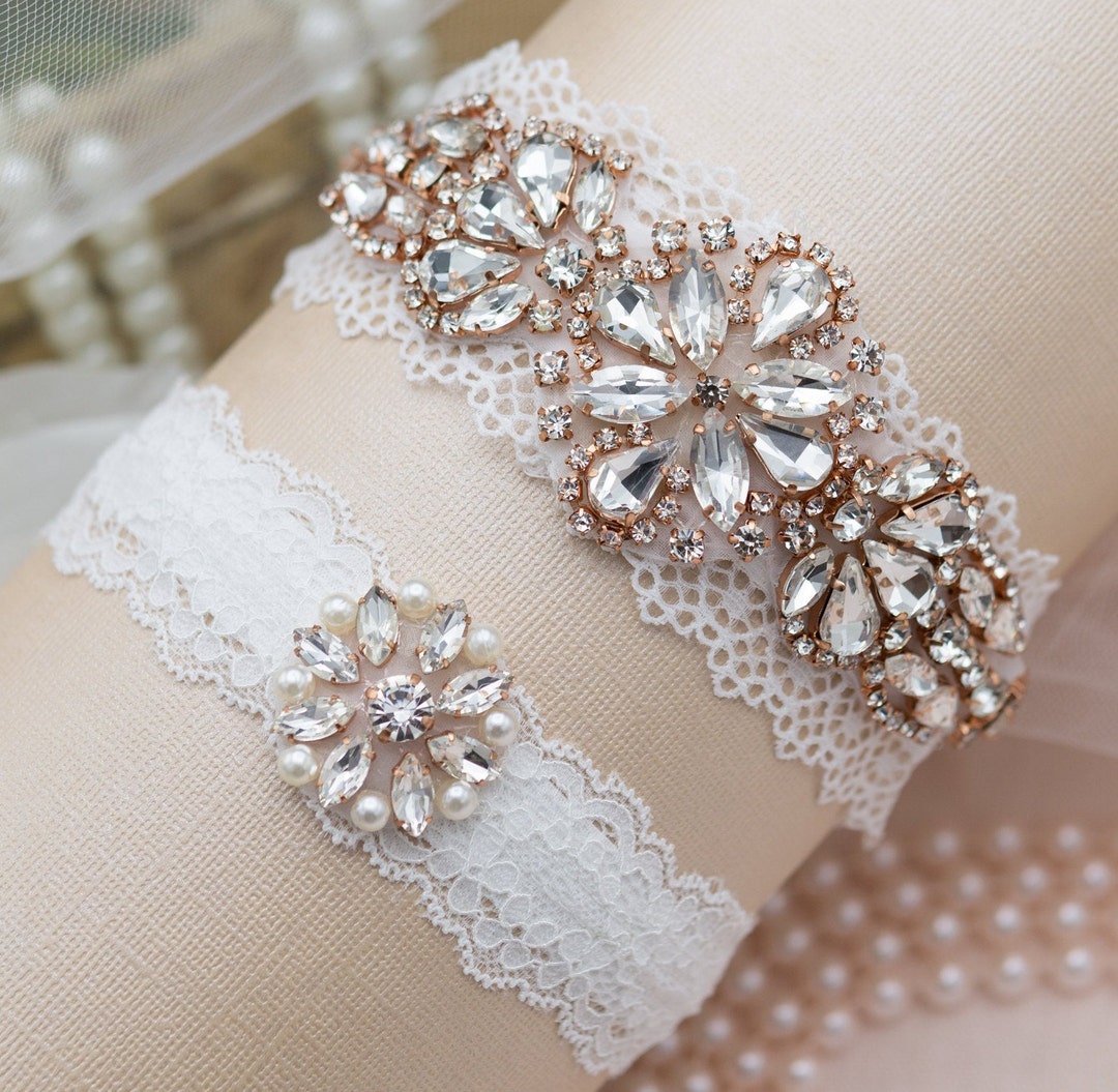 Crystal Pearl Wedding Garter Set: Rose Gold Rhinestone Lace Bridal ...