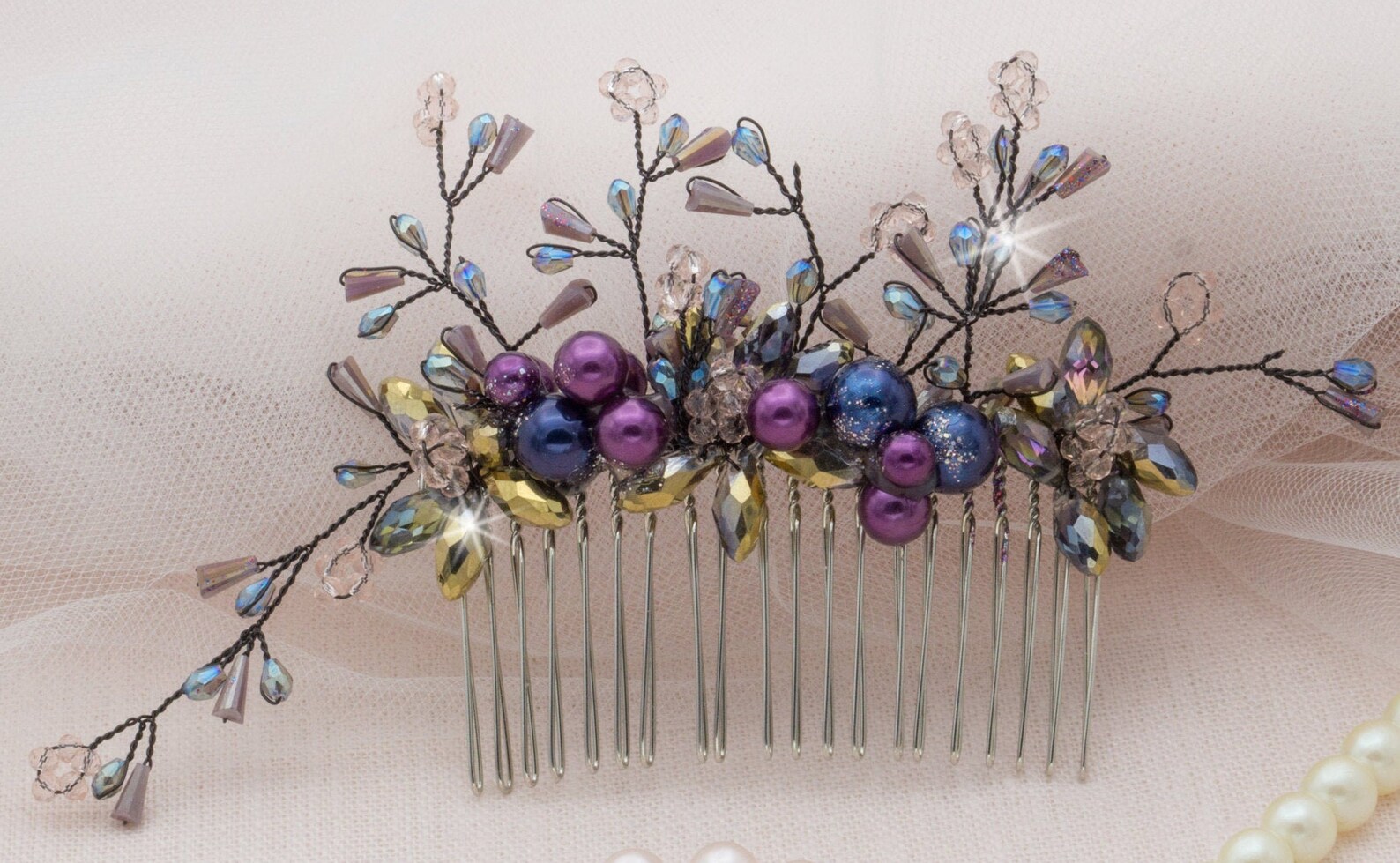 Purple Violet Pearl Beaded Hair Comb Rhinestone Purple Hair | Etsy