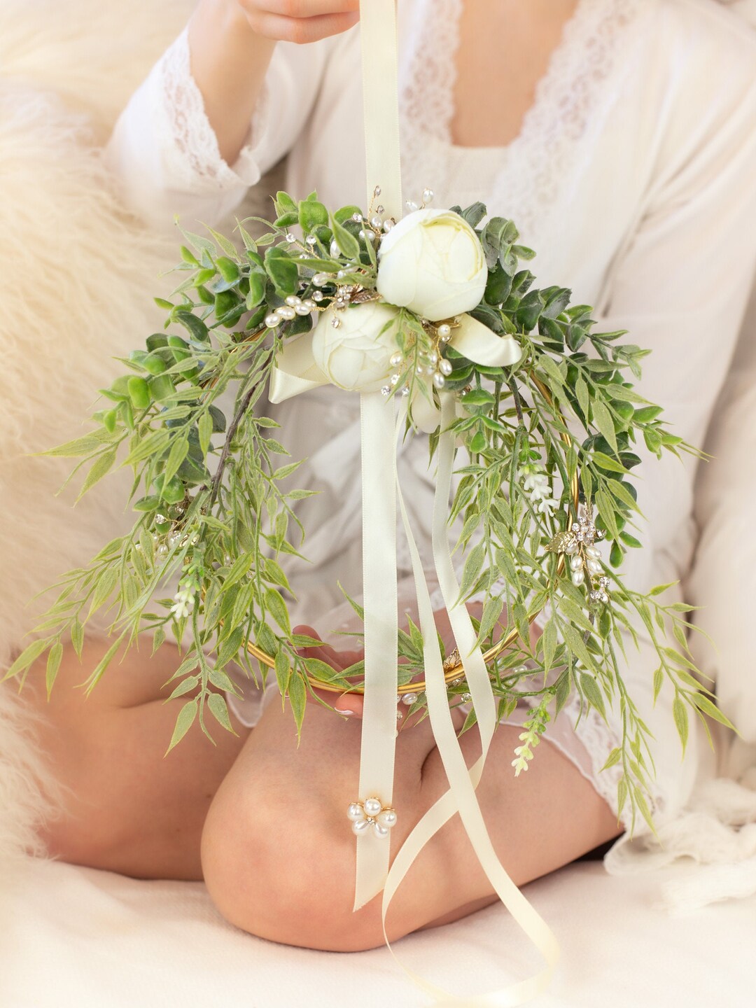 Floral Hoop Flower Girl Bouquet and Matching Wedding Ring Pillow Rustic ...