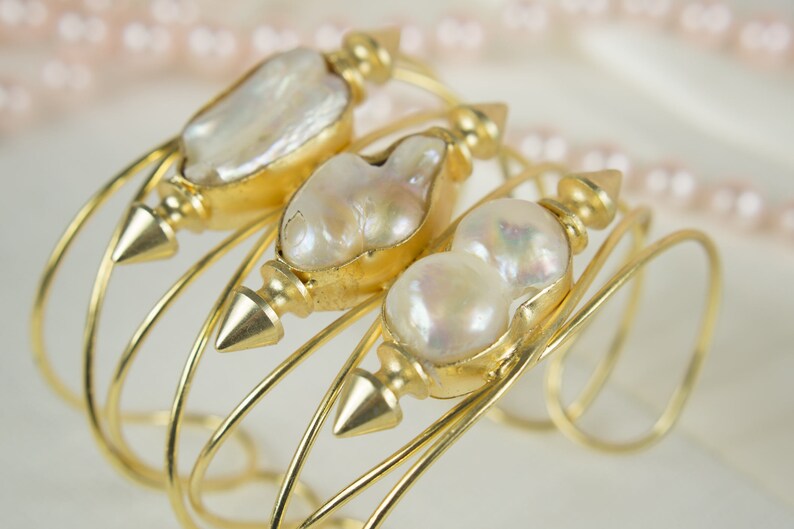 Natural Pearl Gold Bridal Cuff Wedding Bangle Bridal Bracelet - Etsy