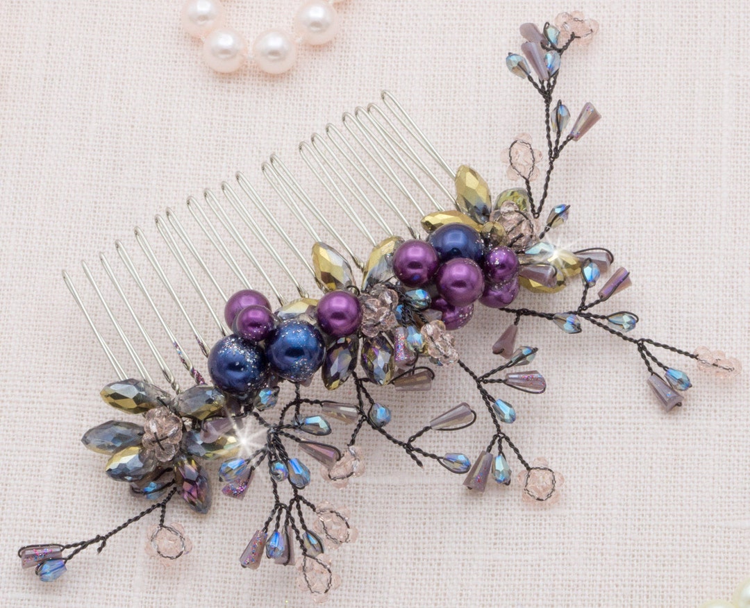 Purple Violet Pearl Beaded Hair Comb Rhinestone Purple Hair Comb Violet ...