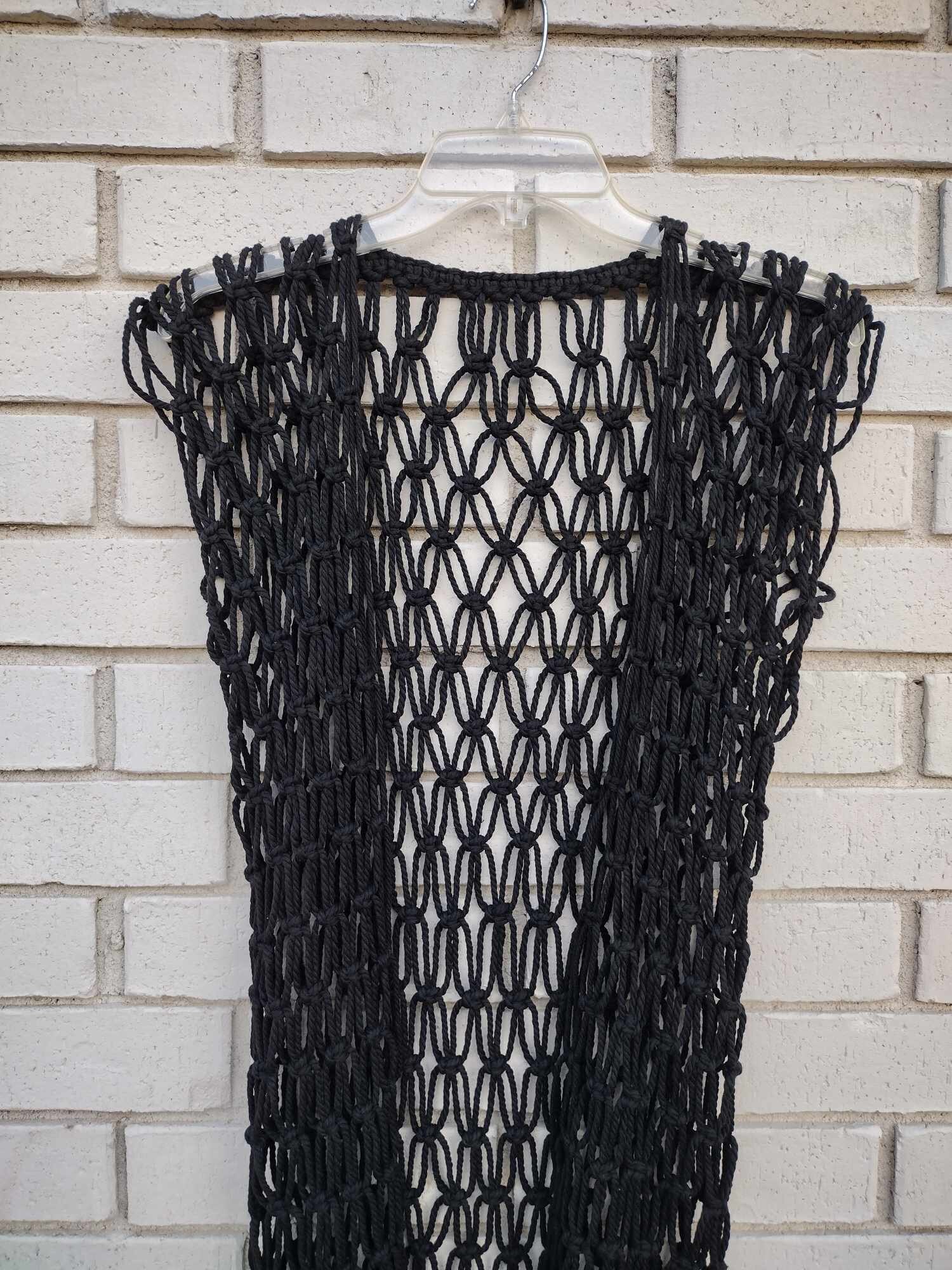 Long Macrame Vest, Black Vest, Macrame Clothing, Bikini Wrap, Black Sarong, Beach Wear, Hippie ...