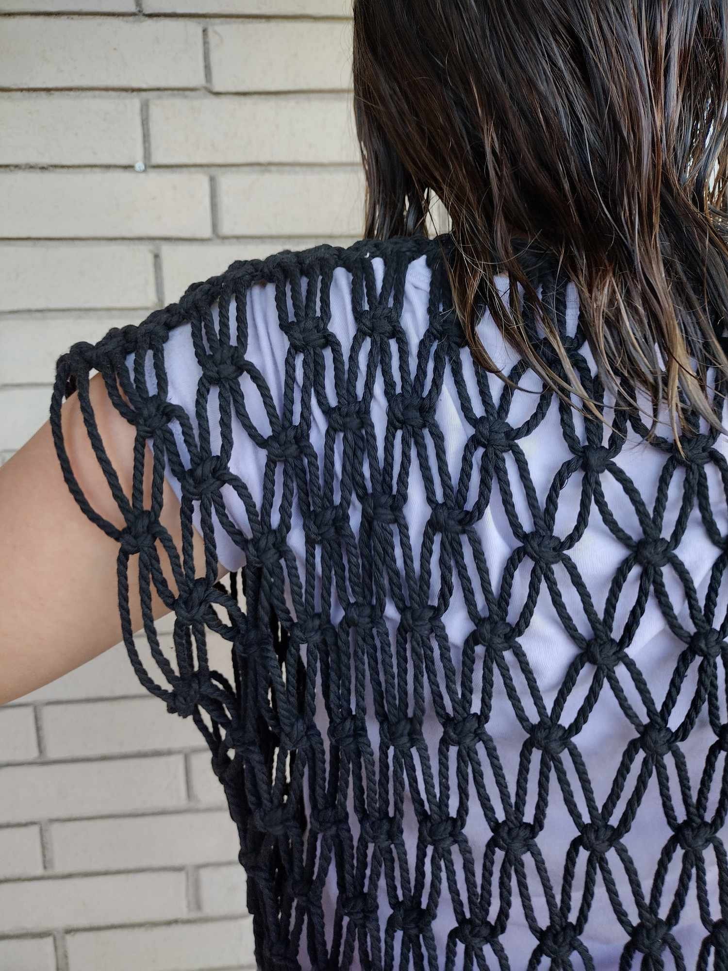 Long Macrame Vest, Black Vest, Macrame Clothing, Bikini Wrap, Black Sarong, Beach Wear, Hippie ...