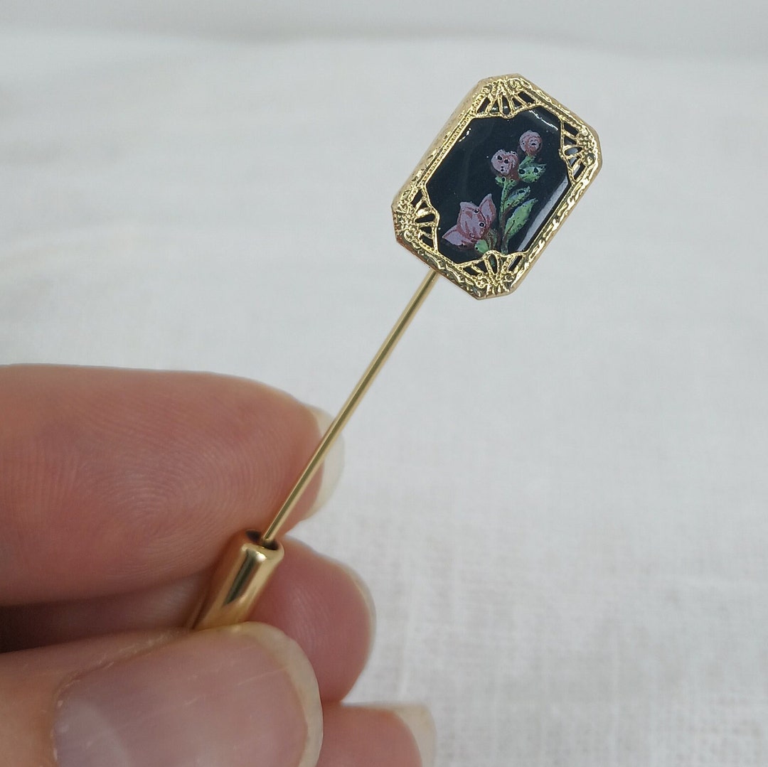 Vintage Victorian Style Stickpin With Painted Flowers — Vintage Brooch ...