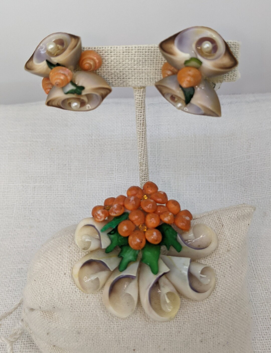 Vintage 1960s Shell Flower Jewelry Set: Tiki Brooch and Clip-on ...