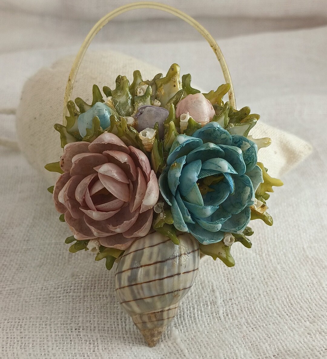 Large 1950s Vintage Retro Shell Craft Floral Basket Brooch With ...