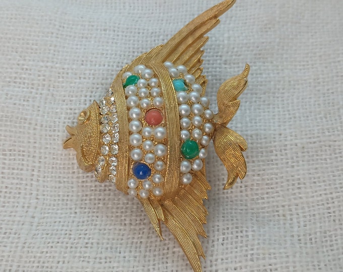 Vintage Mid Century Rhinestone and Pearl Angel Fish Brooch - Etsy