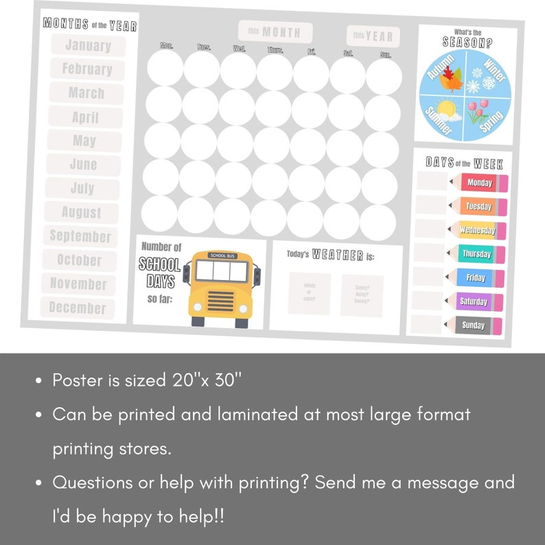 Calendar for Kids Learning-classroom Teaching Months, Days, Seasons ...