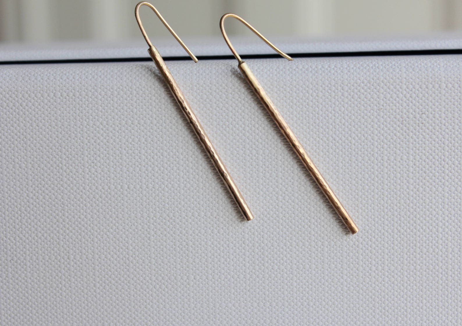 Hammered Gold Long Drop Earrings Solid Gold Drop Earrings | Etsy
