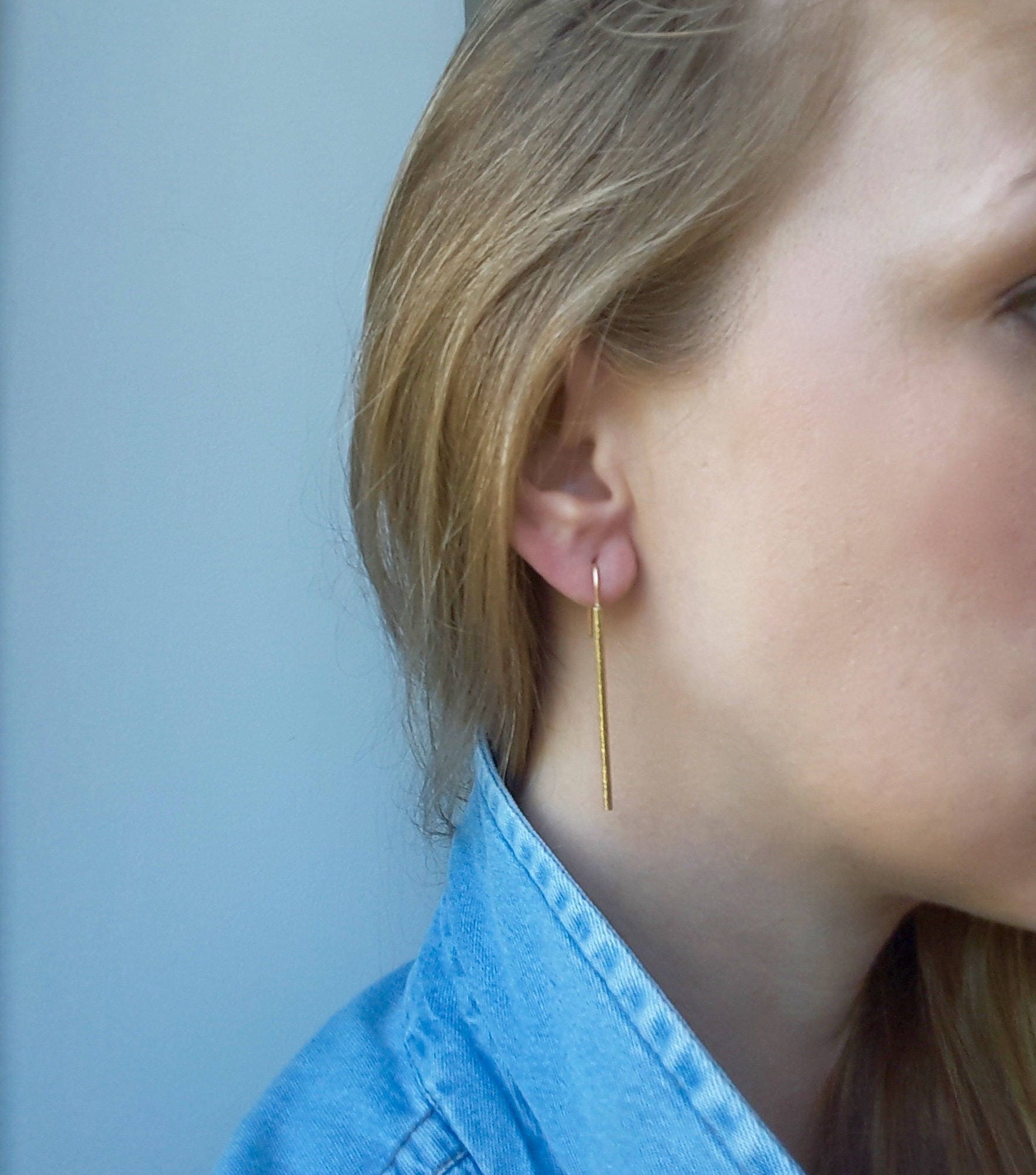 Hammered Gold Long Drop Earrings Solid Gold Drop Earrings | Etsy