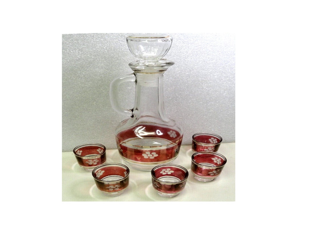 Vintage Italian Ruby Red Flash Decanter Set Cordial Glasses MCM Glass ...