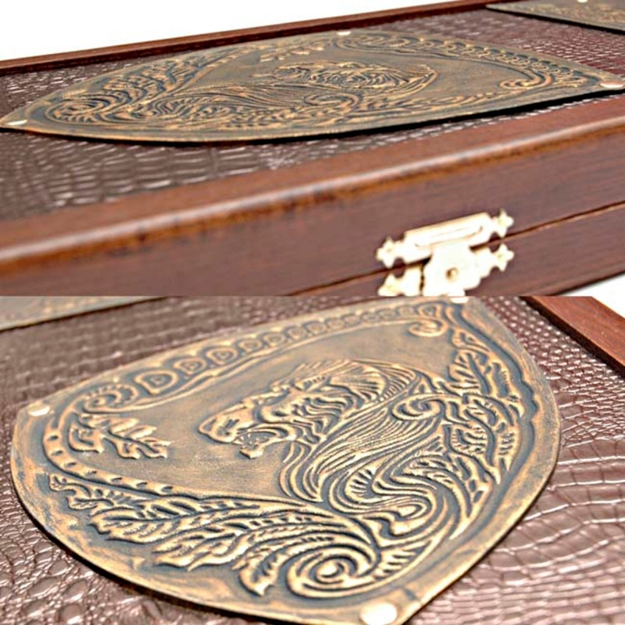 VERY LARGE Lion Gold Wood Leather HANDMADE Game Backgammon Set 21 ...