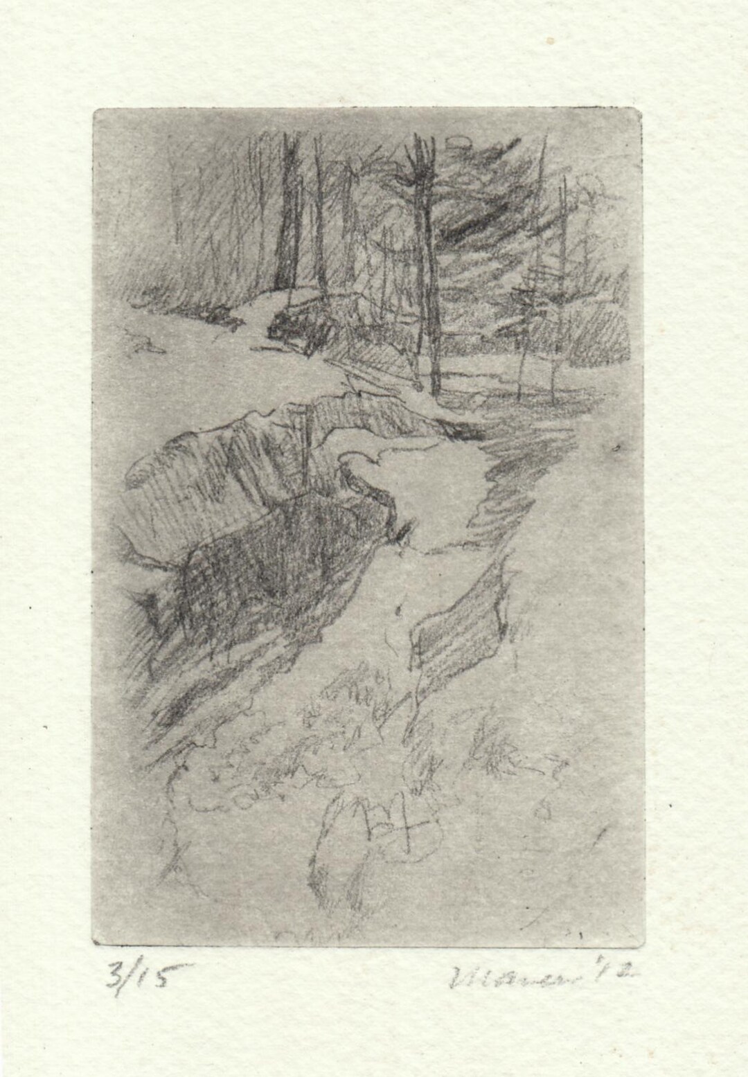 Signed Original Intaglio a Form of Etching: Trees in the Snow Landscape ...
