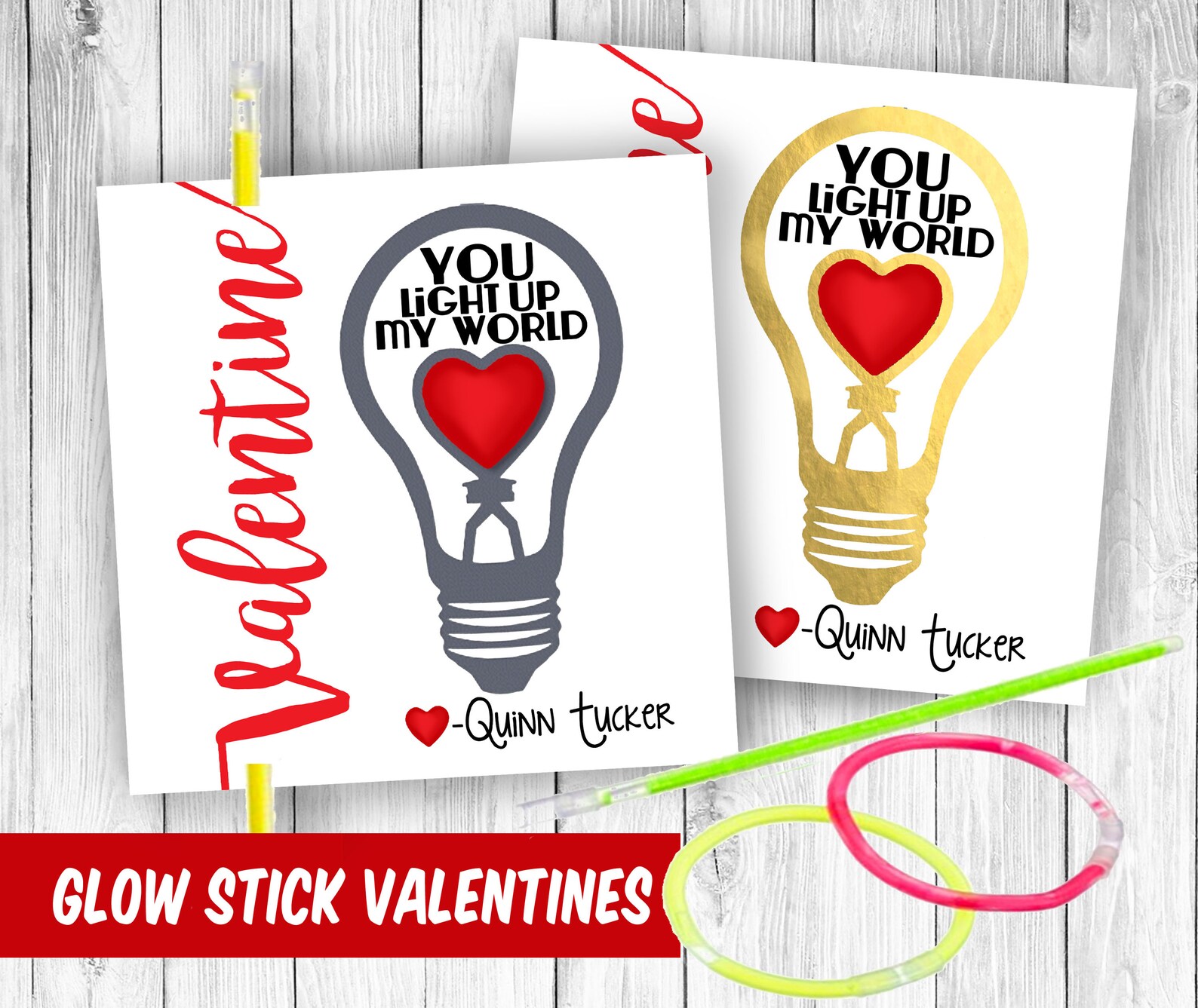 Glow stick valentine ideas red and gold for kids | Etsy