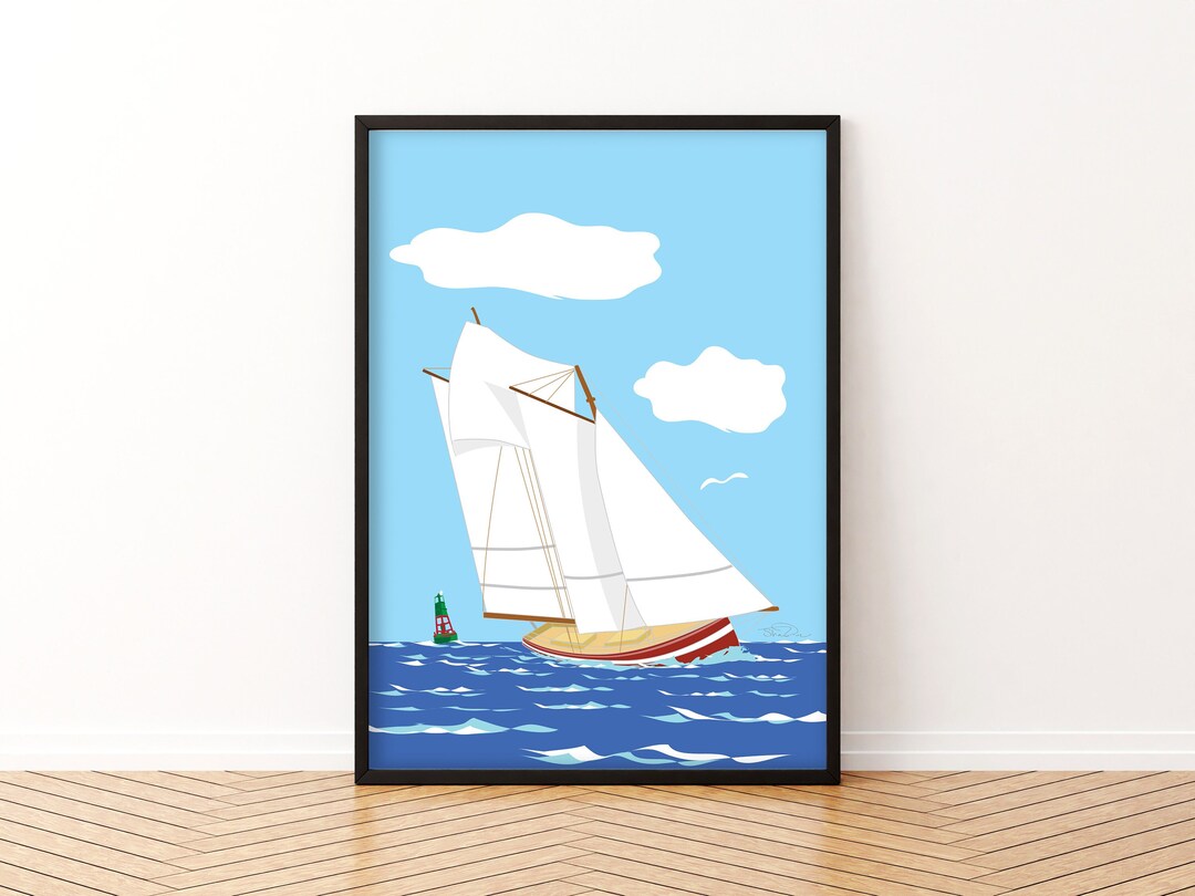 Mid-century Sailing Ship Poster Design, Schooner at Full Sail Art Print ...