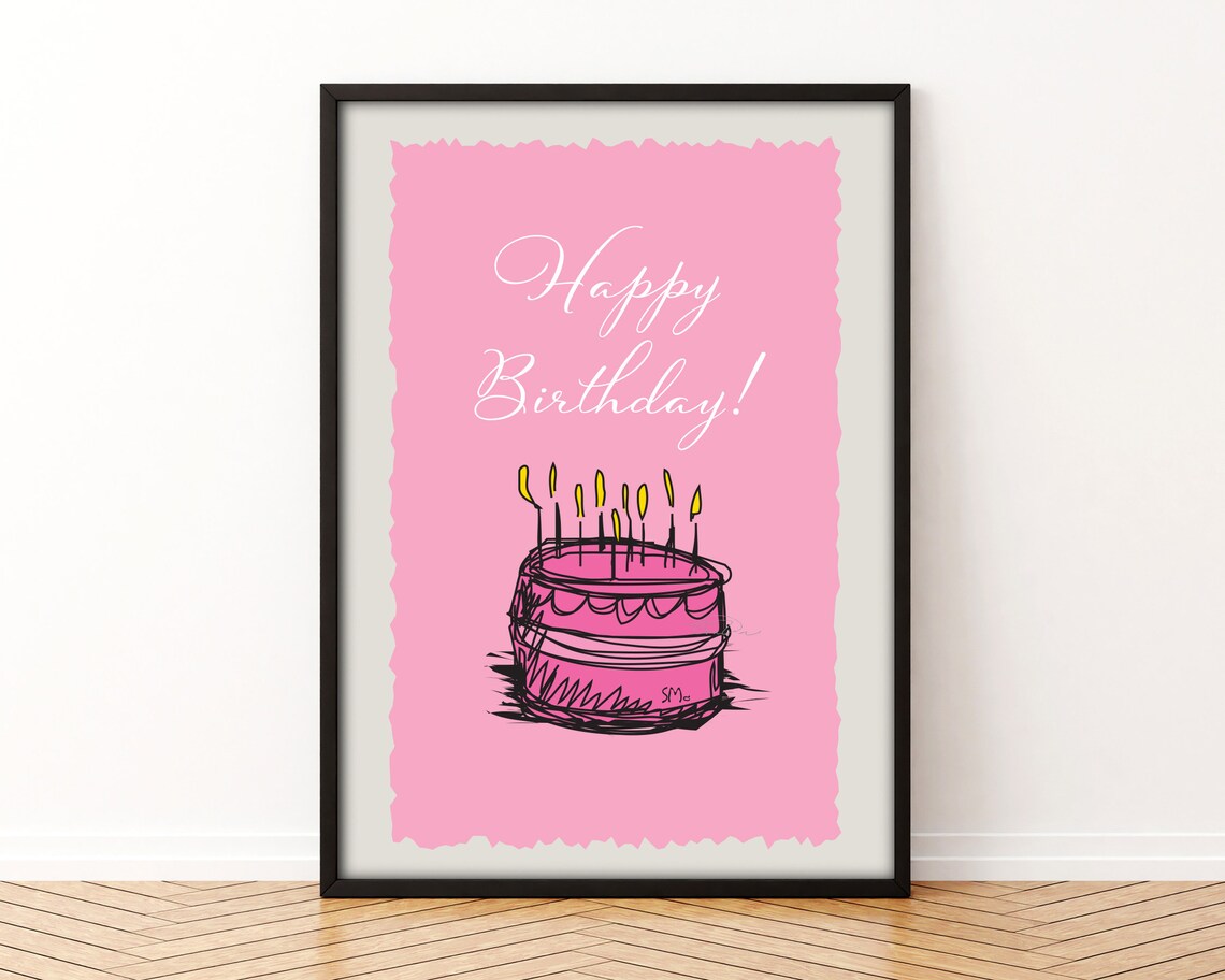 Happy Birthday Cake Printable Pink Birthday Poster in Various Sizes for ...