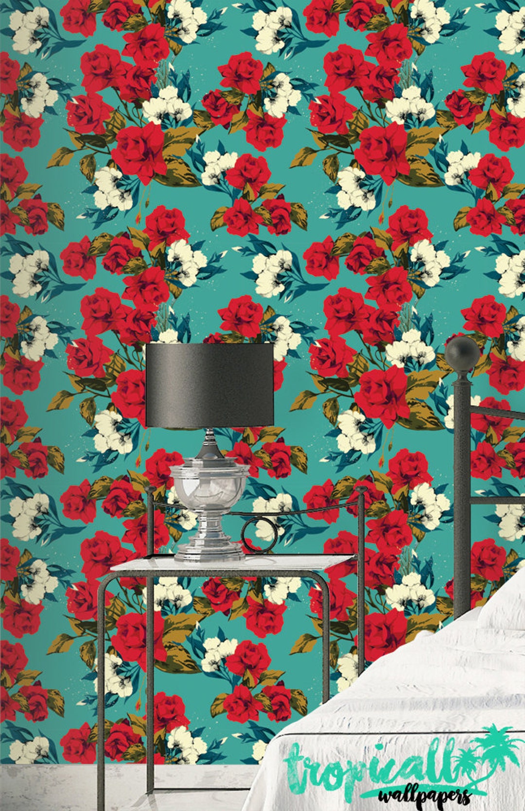 Rose Flowers Pattern Wallpaper - Removable Wallpaper - Vintage Red Rose ...