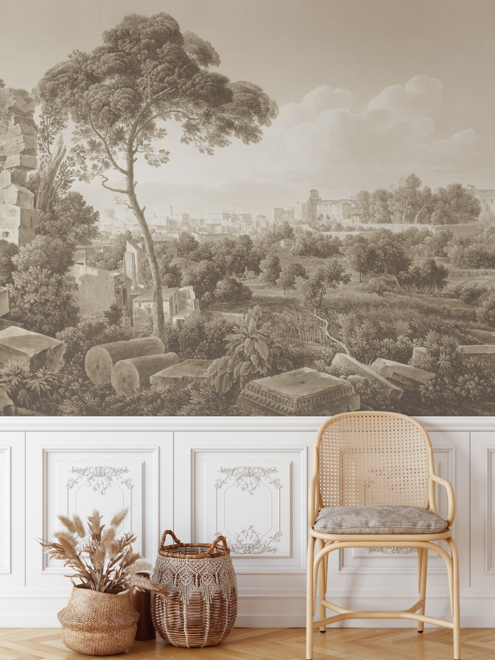 Sepia Italian Landscape Mural: Peel and Stick Temple Ruins Wall Decor ...