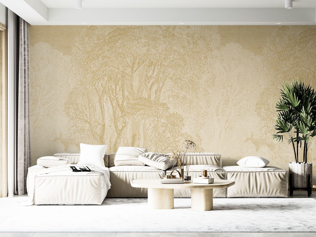 Tree Wallpaper – Forest Line Art Wall Mural, Engraved Treetops Nature ...