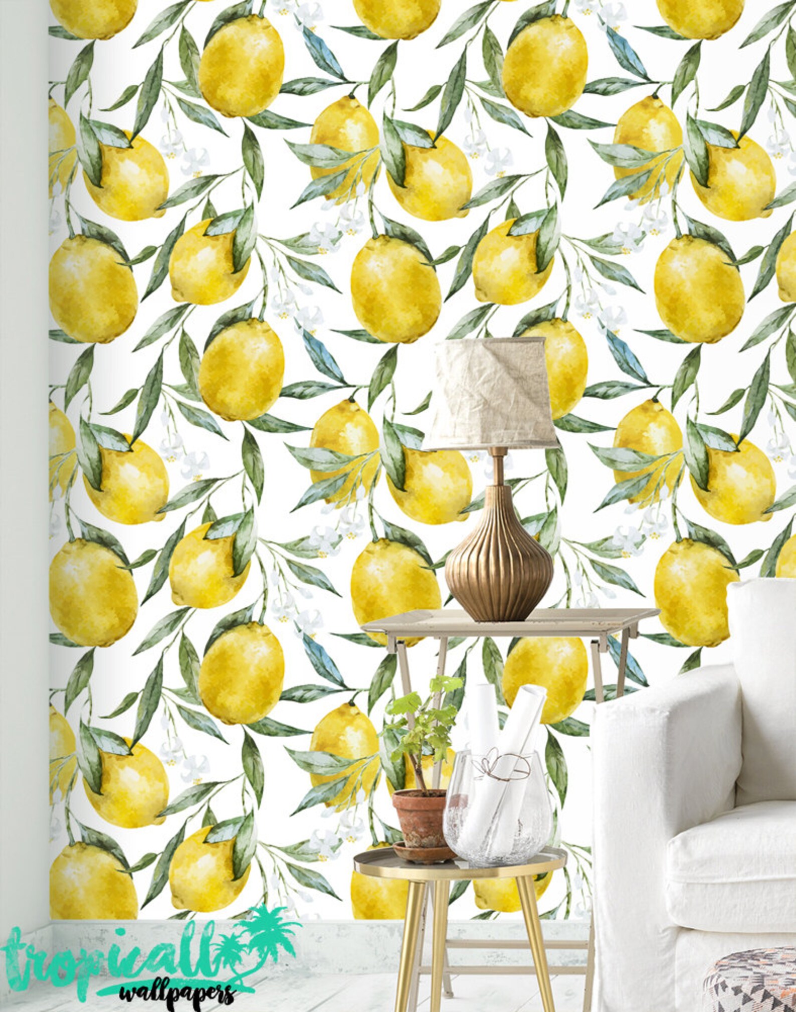 Lemon Print Wallpaper: Watercolor Floral, Peel and Stick Decal - Etsy