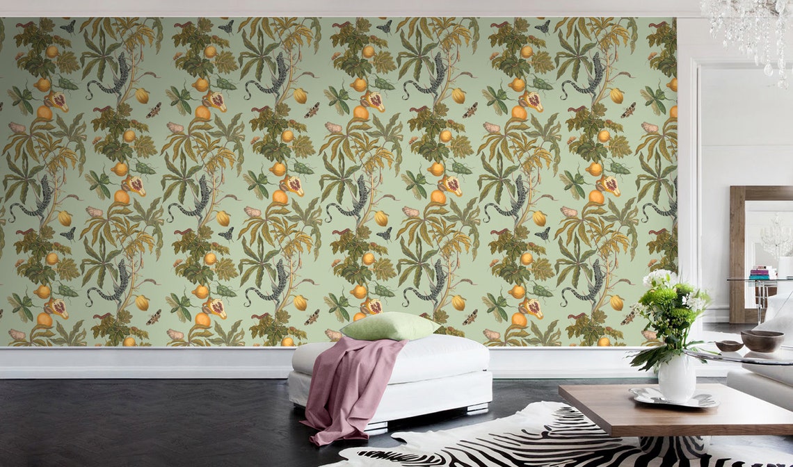 Lemon Lizard Wallpaper Salamander Butterfly Mural Floral - Etsy