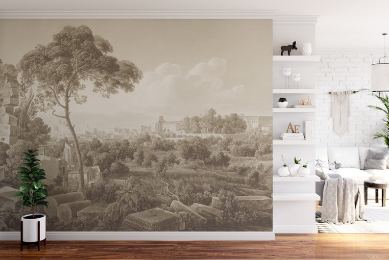 Sepia Italian Landscape Mural: Peel and Stick Temple Ruins Wall Decor ...