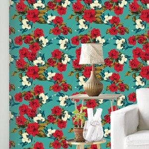 Rose Flowers Pattern Wallpaper - Removable Wallpaper - Vintage Red Rose ...