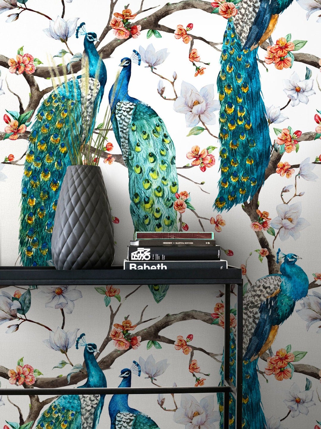 Peacock Pattern Wallpaper - Removable Wallpaper - Vintage Tree and ...