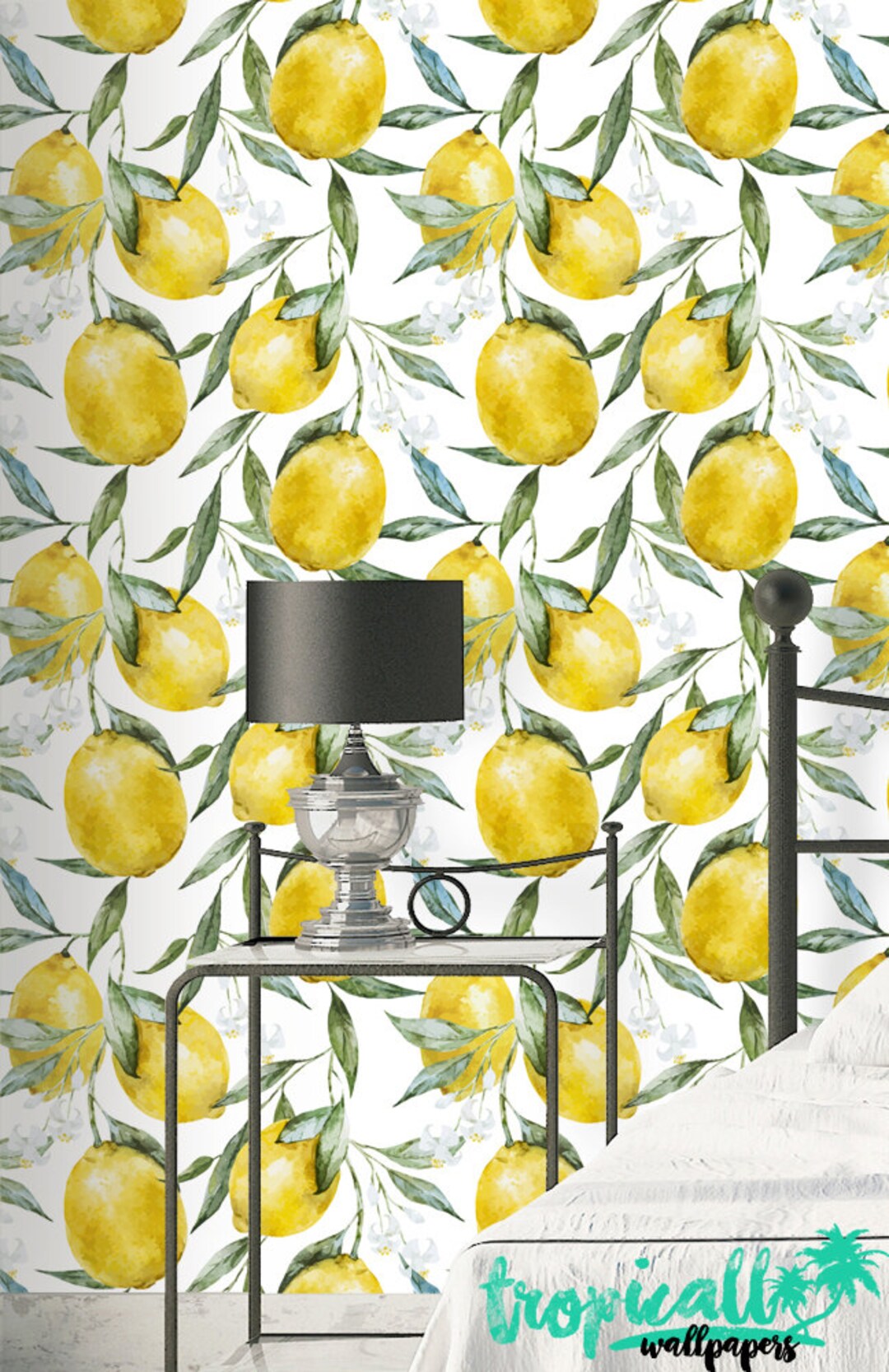 Lemon Print Wallpaper: Watercolor Floral, Peel and Stick Decal - Etsy