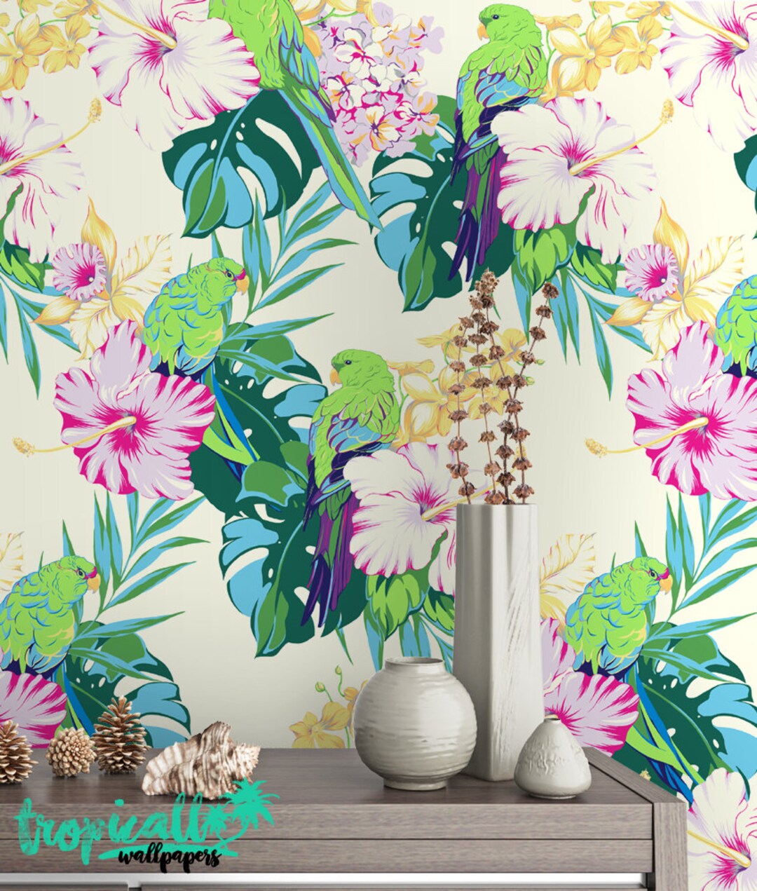 Exotic Parrot Pattern Wallpaper - Removable Wallpaper - Tropical Flower ...