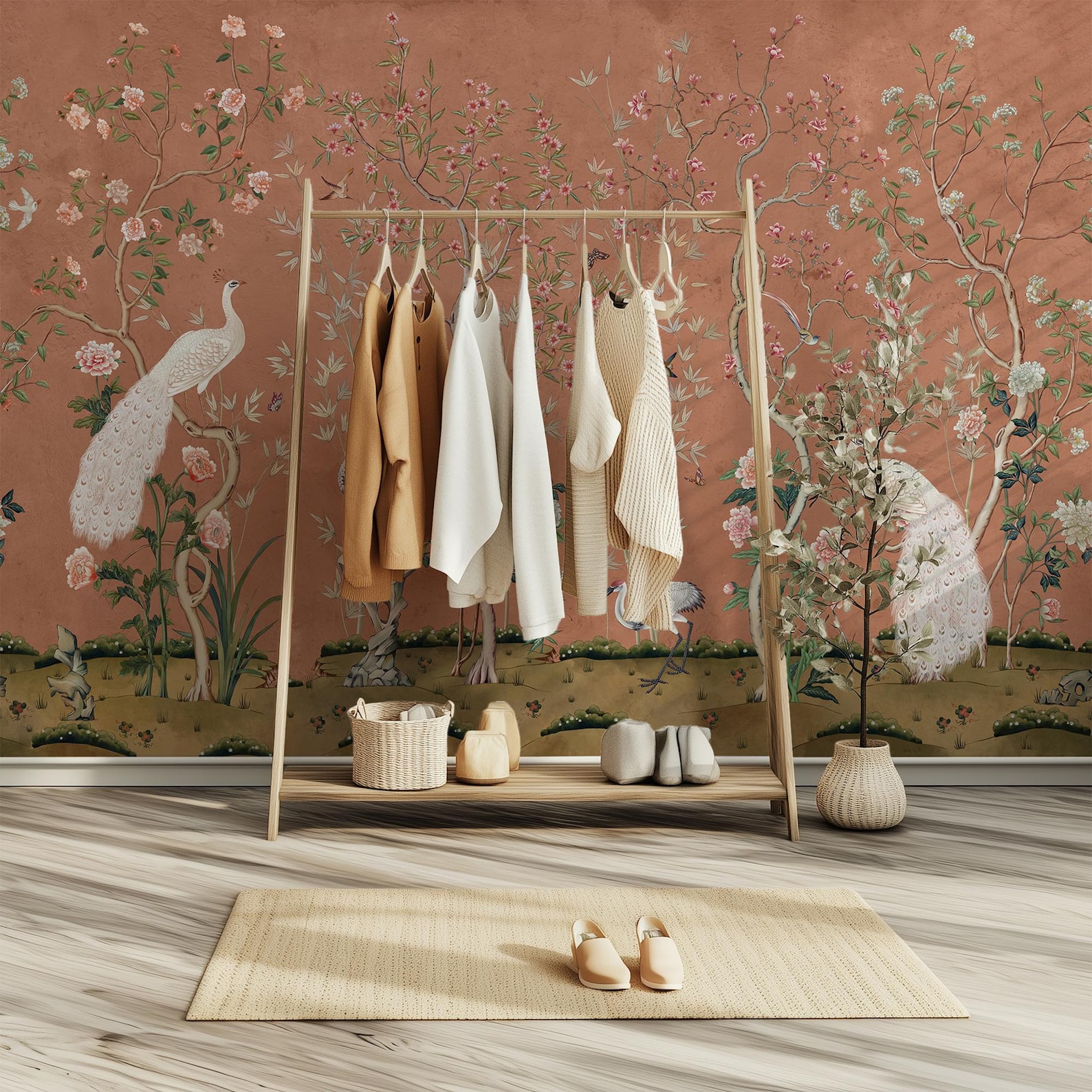 Elegant Chinoiserie Peel and Stick Wallpaper Mural: Peacocks, Birds ...
