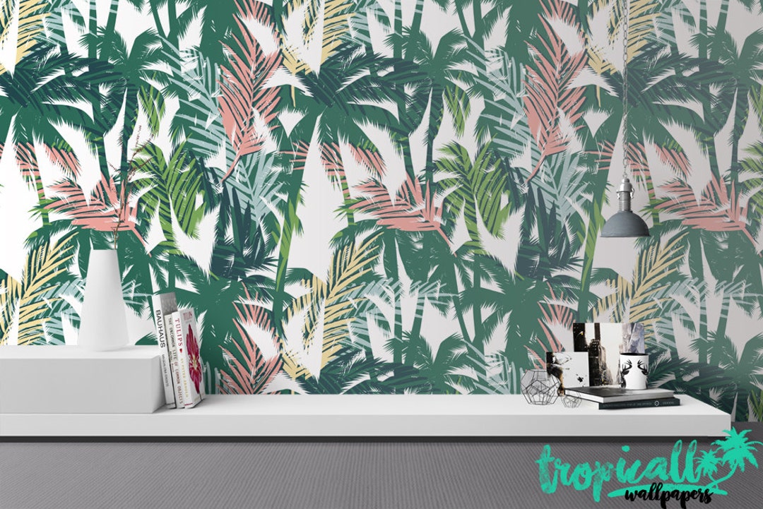 Palm Tree Pattern Wallpaper - Removable Wallpaper - Tropical Plants and ...