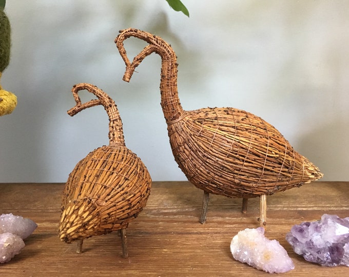 Woven Straw Twig Bird Sculptures Wicker Figurines - Vintage Mid Century ...