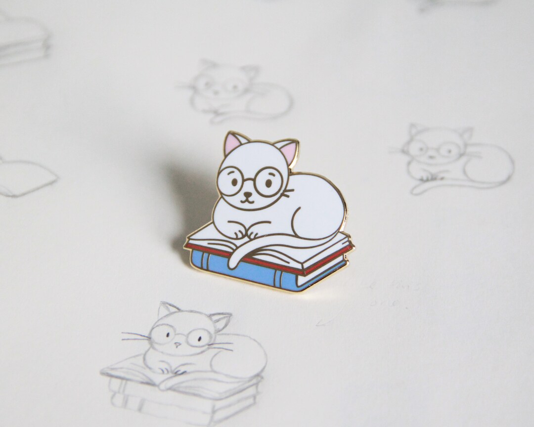 White Cat & Books Enamel Pin - Etsy