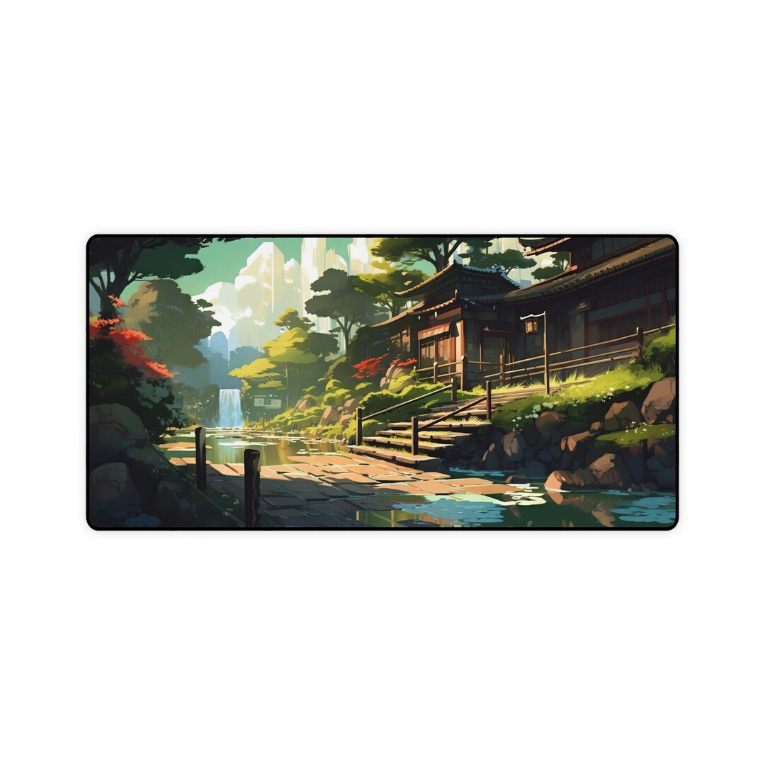 Manga Inspired Desk Mat, Japanese Home and Waterfall Scene, Anime Style ...
