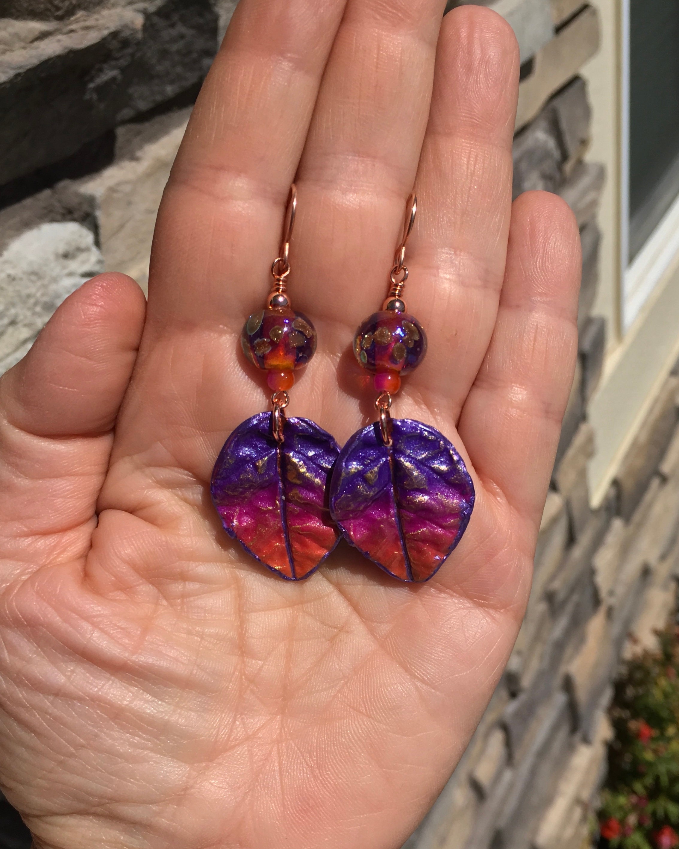 Bright Vibrant Leaves,artisan Made Glass Bead and Poly Clay Earrings ...