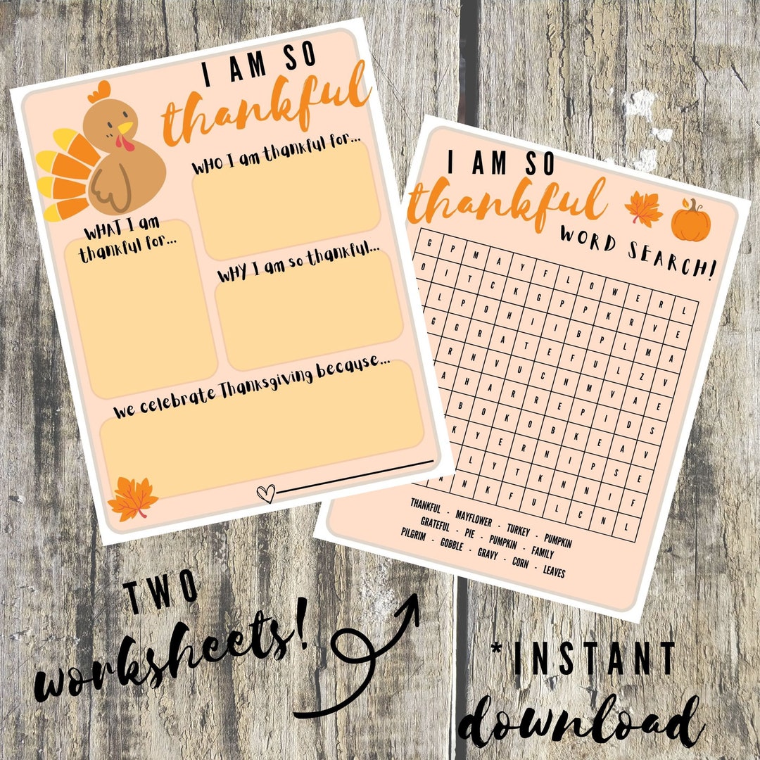 Thanksgiving Worksheets for Kids: Thankful List & Word Search (digital ...
