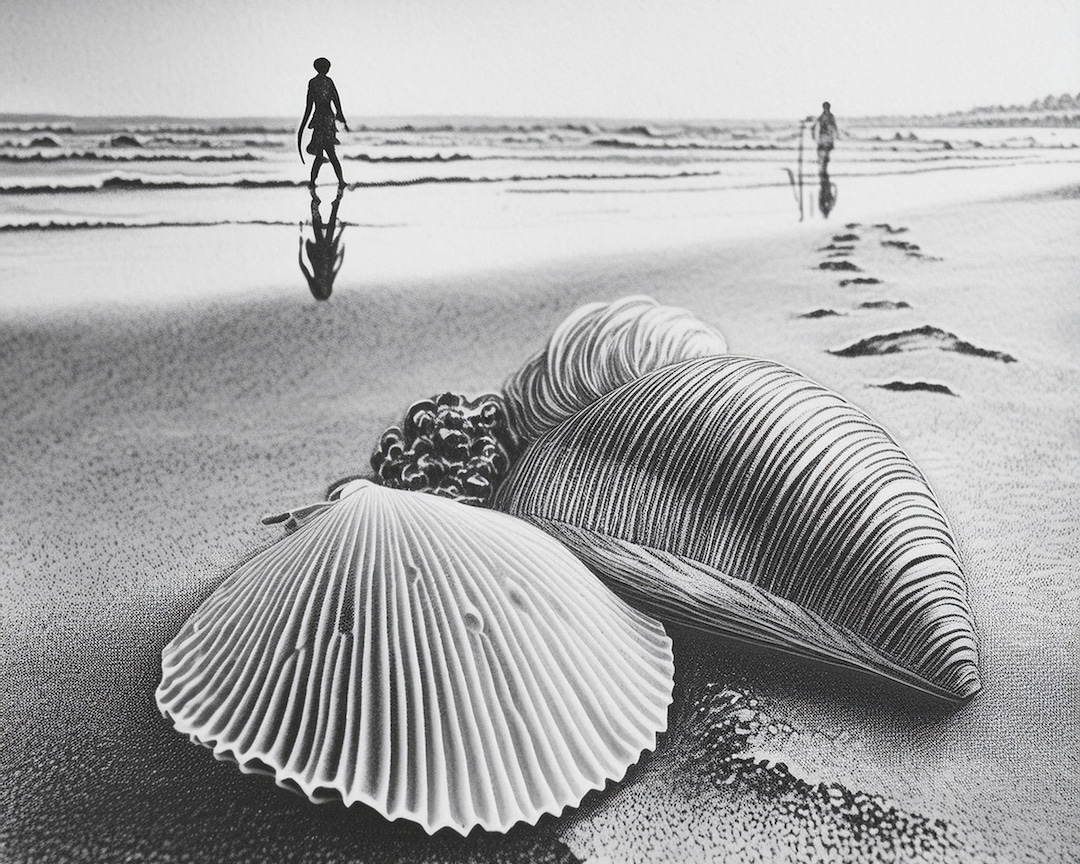 Photo Print in Black and White of Sea Shells on a Beach With People ...