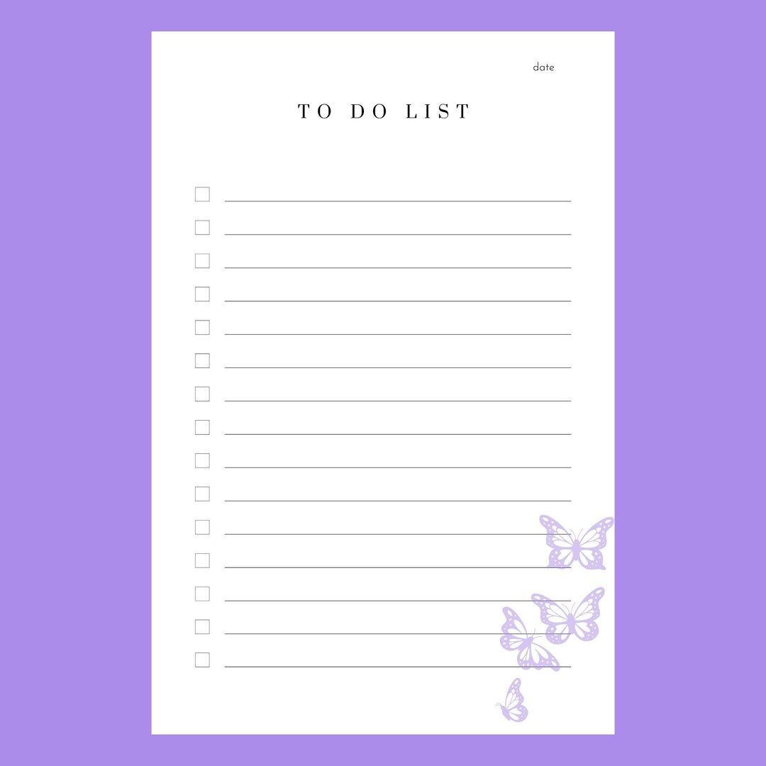Minimal to Do List Printable, Purple Butterflies, Instant Download ...